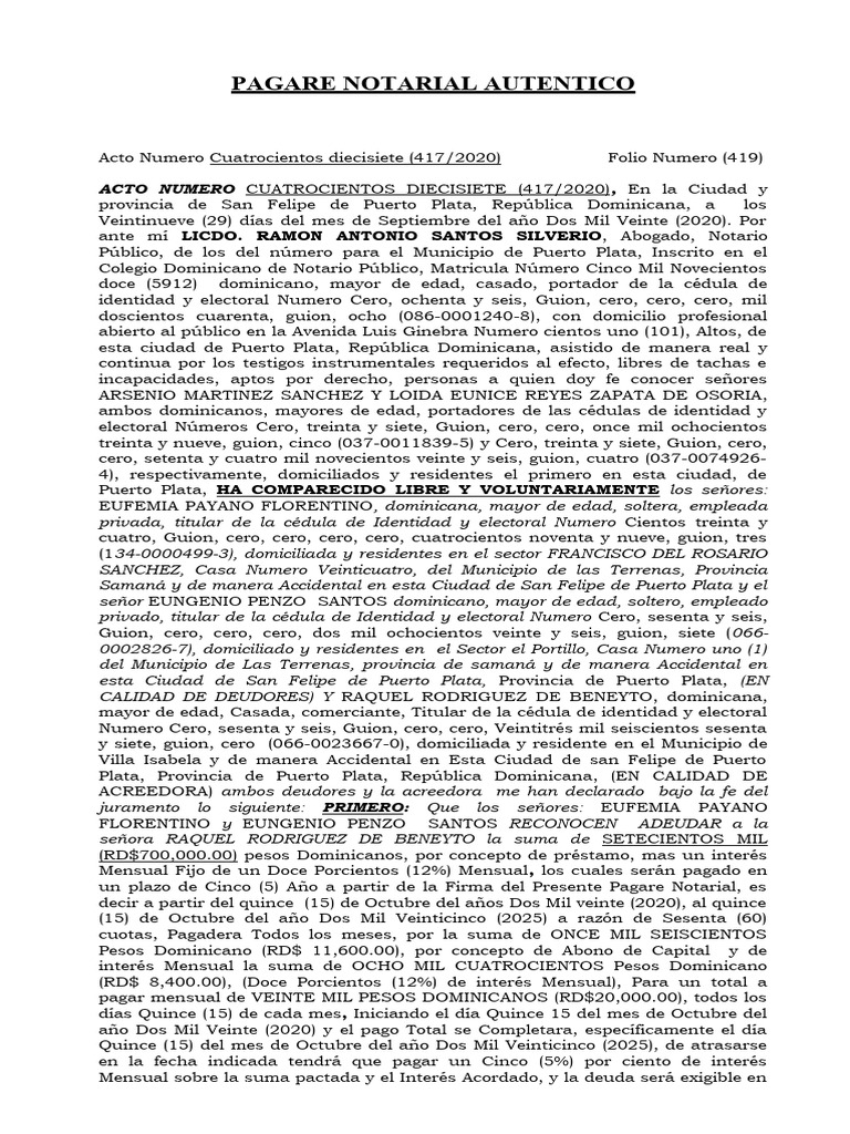 Pagare Notarial Raque Beneyto VS Eufemia Payano | PDF | República ...