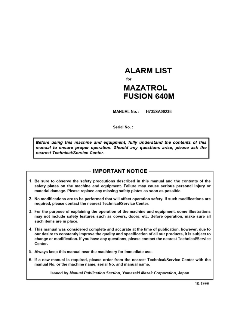 MAZATROL FUSION 640M ALARM LIST - Mazak 640M Alarm List | PDF | Machining | Parameter (Computer ...