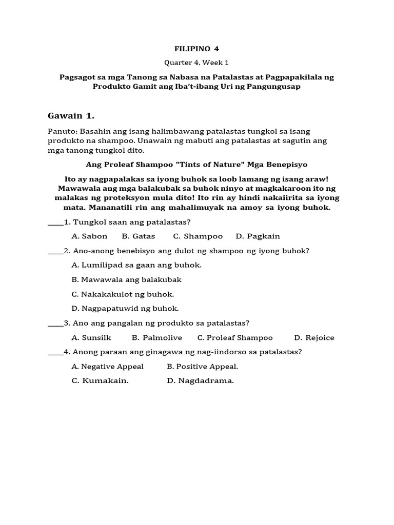 Filipino 4 Learning Activity 1 | PDF