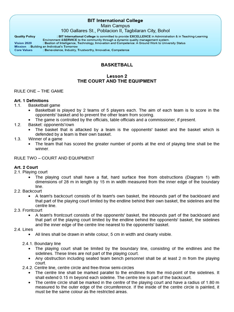 Basketball Lesson 2 CourtEquipment | PDF | Sports Rules And Regulations | Sports