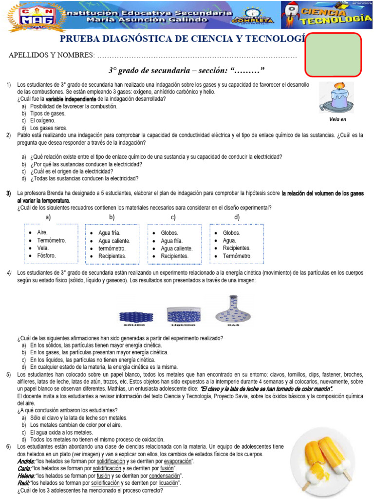 Prueba Diagnóstica de Ciencia y Tecnología | PDF | Redox | Gases