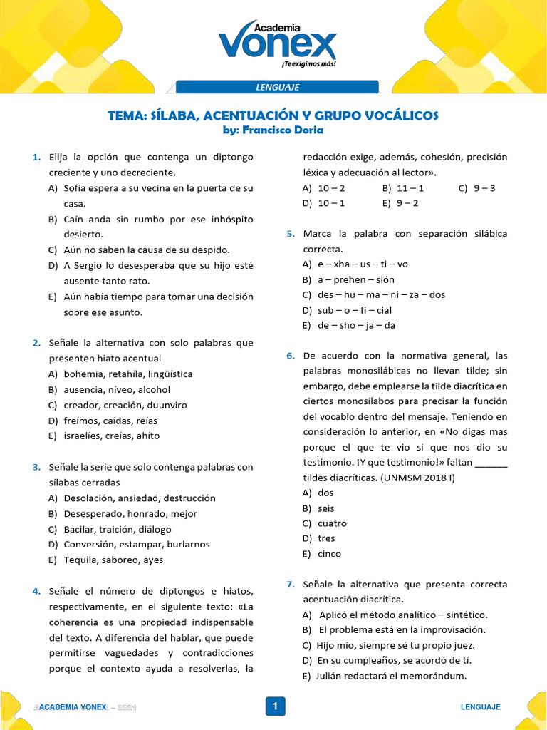 Tema: Sílaba, Acentuación Y Grupo Vocálicos: By: Francisco Doria | PDF ...