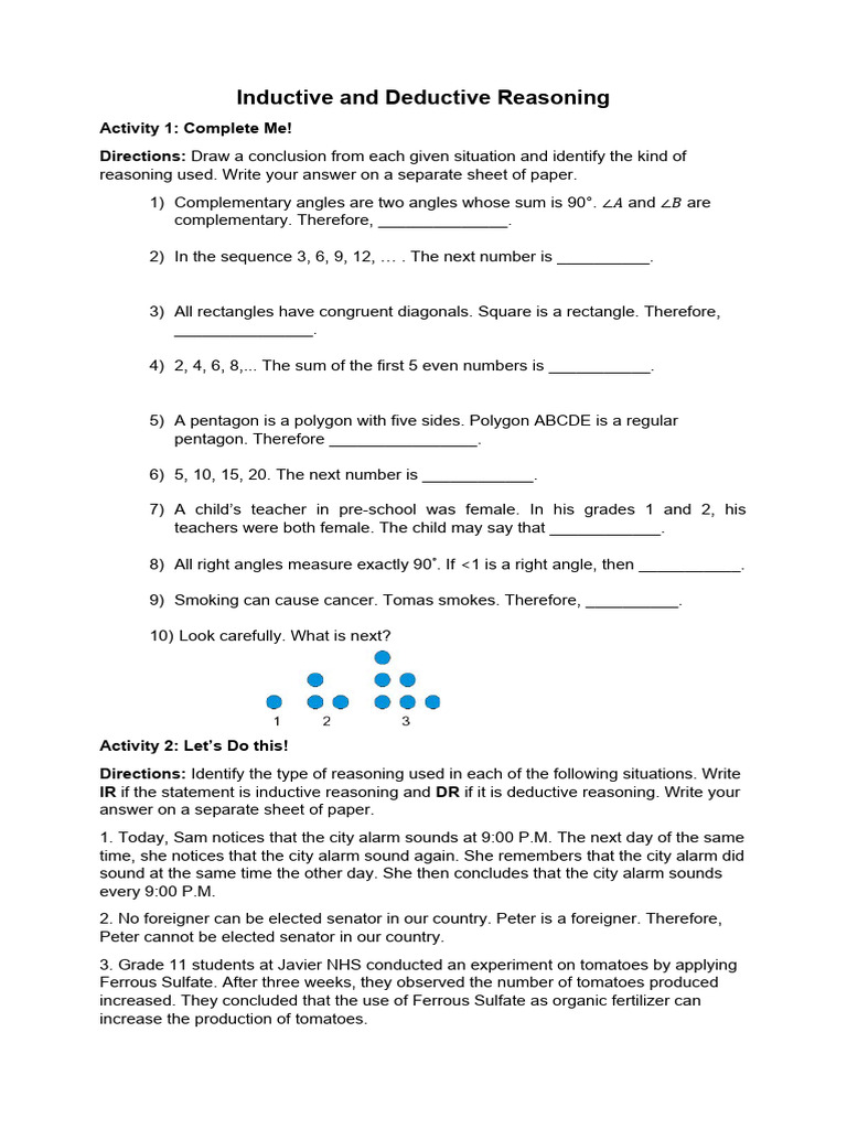 Inductive and Deductive Reasoning Activity | PDF