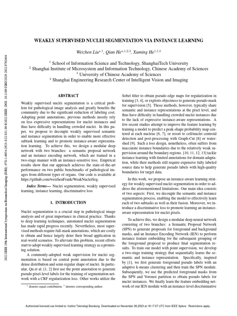 Weakly Supervised Nuclei Segmentation Via Instance Learning Pdf Image Segmentation Deep