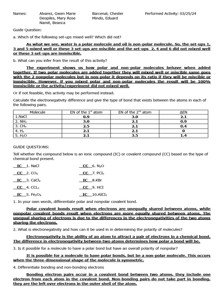 Science Experiment | PDF | Chemical Polarity | Chemical Bond