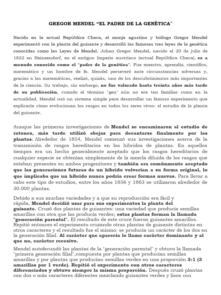 Biografía de Gregor Mendel para niños | PDF | Dominancia (Genética ...