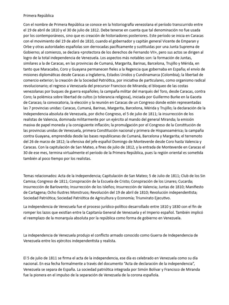 Primera República de Venezuela (1810-1812) | PDF | Historia