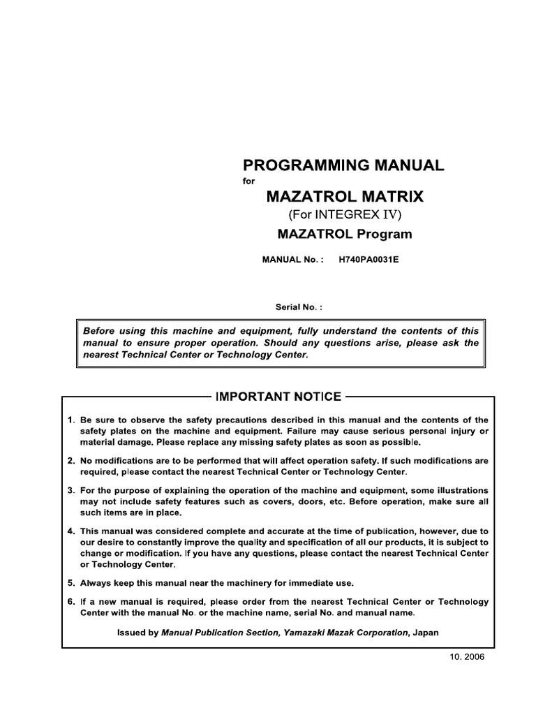 PROGRAMMING MANUAL - Mazak Mazatrol Programing Manual for Mazatrol Matrix1_20 | PDF