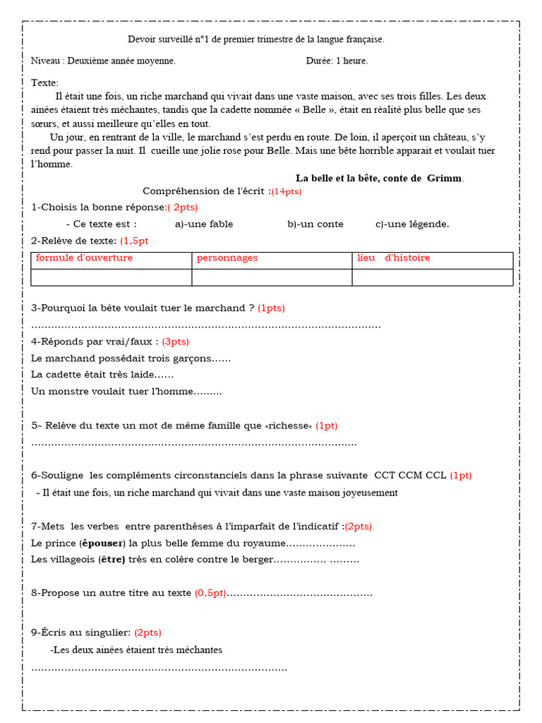 Devoir de français 2AM - 1er trimestre | PDF | Le Petit Chaperon rouge