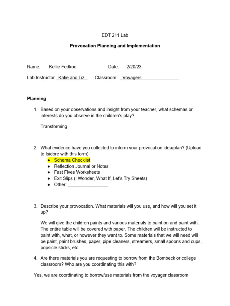 Provocation Planning for Children's Art Lab | PDF | Creativity | Learning
