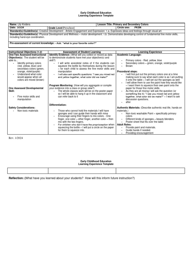 Ece Lesson Plan Template 1 1 | PDF | Color | Early Childhood Education