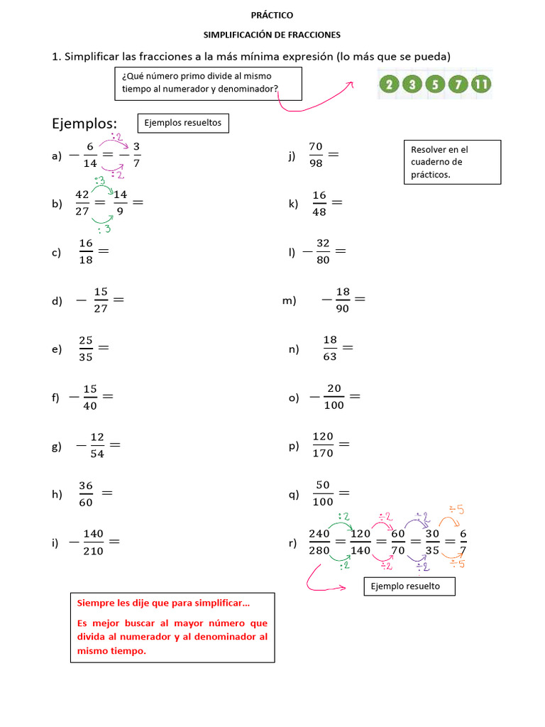 Práctico . Simplificación de Fracciones 2do | PDF