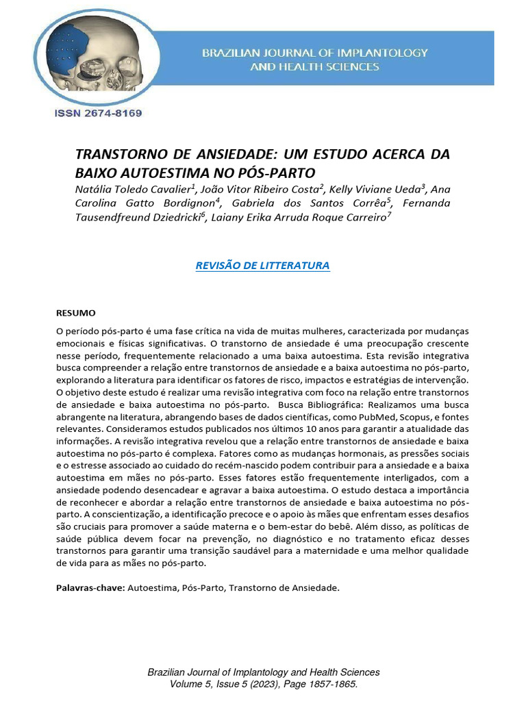 Transtorno de Ansiedade Um Estudo Acerca Da Baixo Autoestima No Pós-Parto | PDF | Ansiedade ...