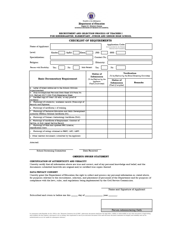 Teacher I - Checklist of Requirements | PDF | Identity Document