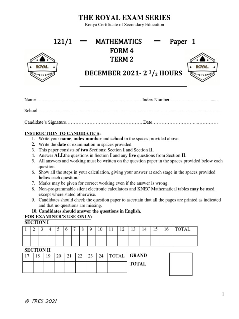 2022 Royal Exams Mathematics 121 1 | PDF | Quadratic Equation | Geometry