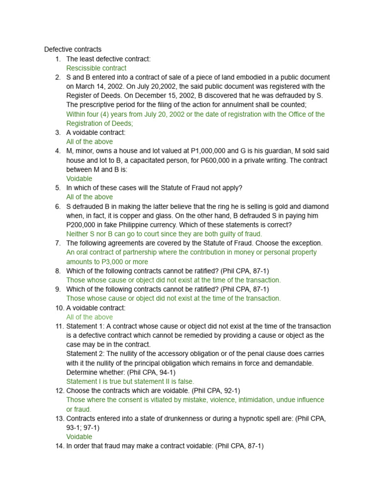 Defective Contracts | PDF | Annulment | Fraud