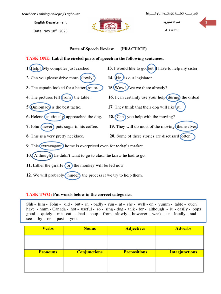 Parts of Speech Review Practice | PDF | Adverb | Verb