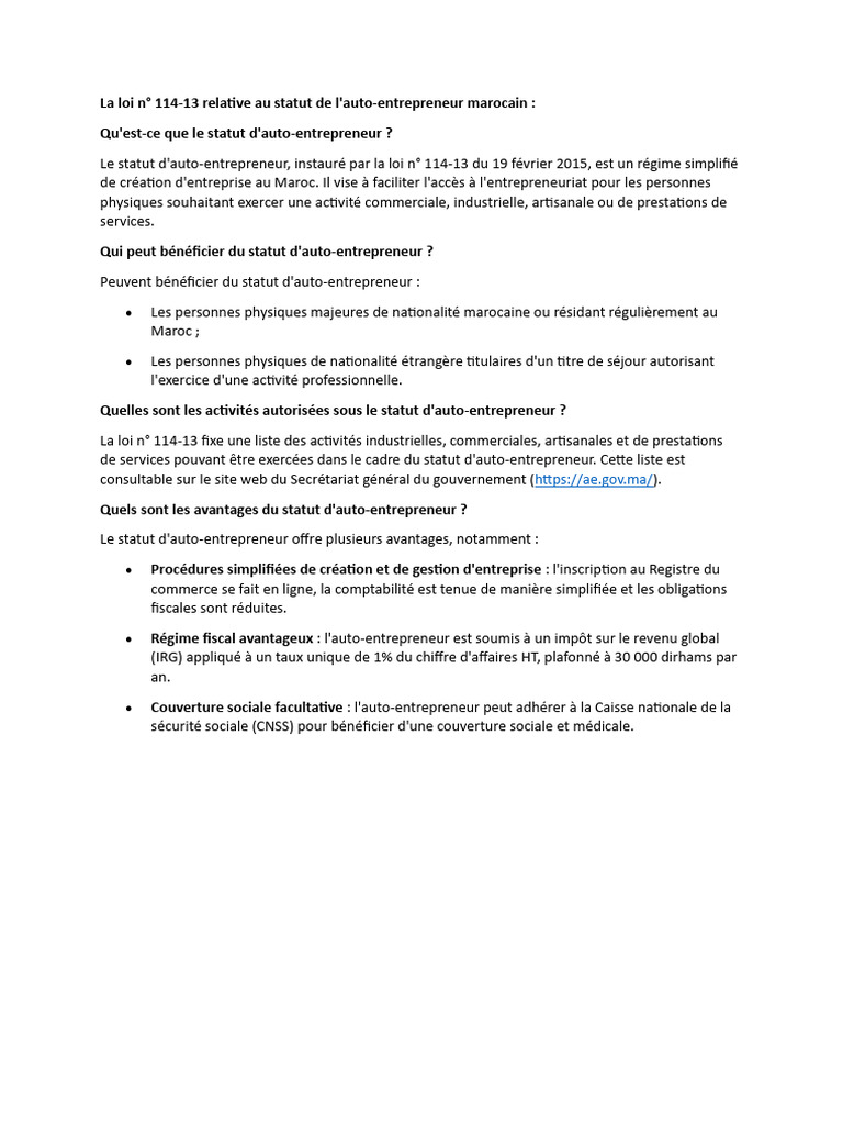 Statut de l'Auto-Entrepreneur au Maroc | PDF | Micro-entrepreneur ...