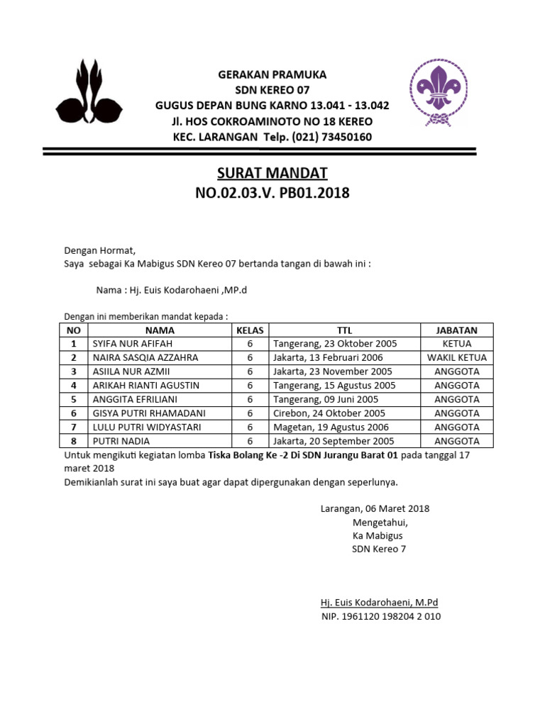 Gerakan Pramuka Surat Mandat SDN Kereo 7 | PDF