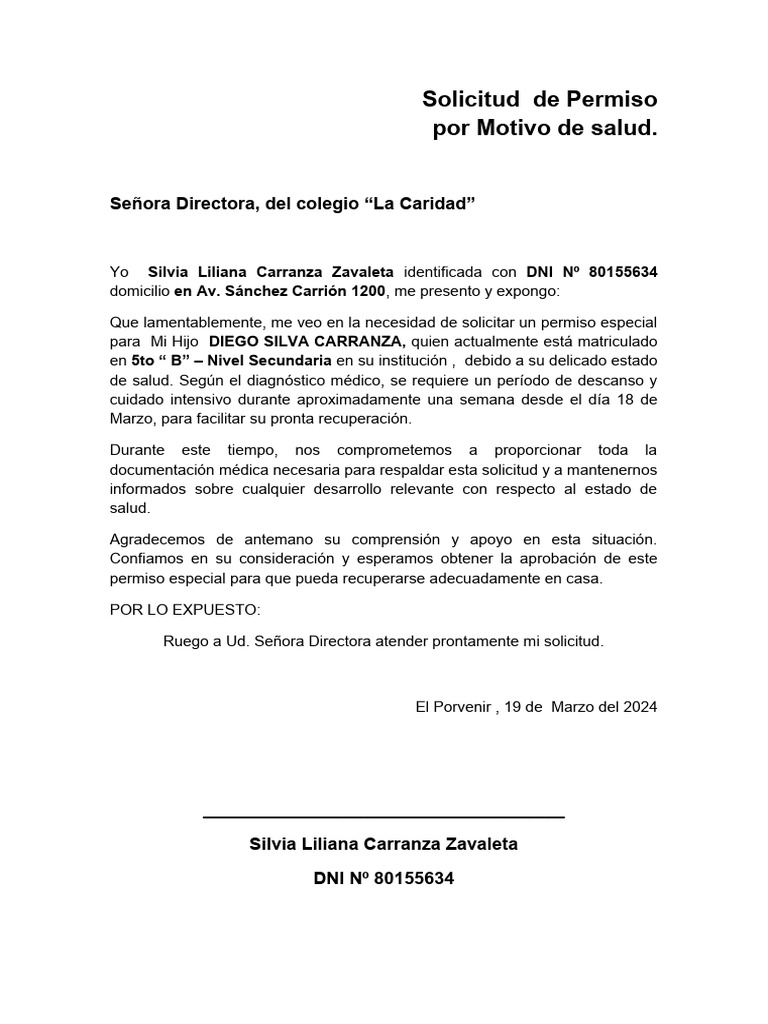 Solicitud de Permiso Por Motivo de Salud | PDF