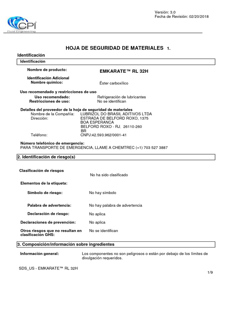 EMKARATE RL 32H LUBRIZOL - Cleaned | PDF | Higiene Ocupacional | Combustión
