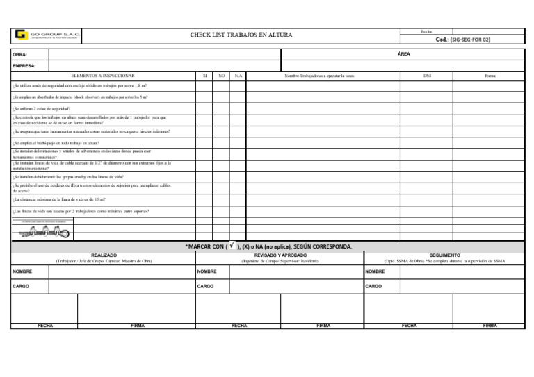 (Sig-seg-For 02) - Checklist Trabajos en Altura | PDF