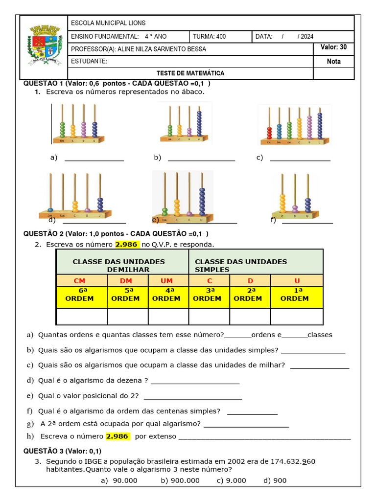 Avaliação de Matemática 4º Ano | PDF | Matemática