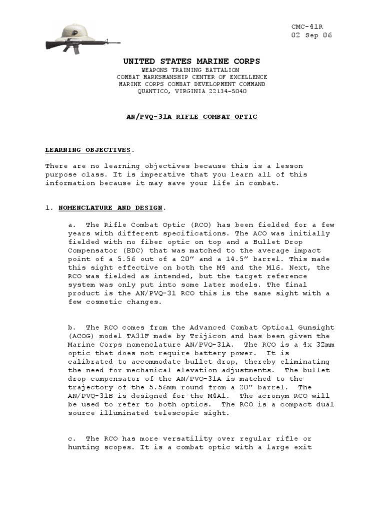 CMC 41R Introduction To Rifle Combat Optic (RCO) SO | PDF | Telescopic ...