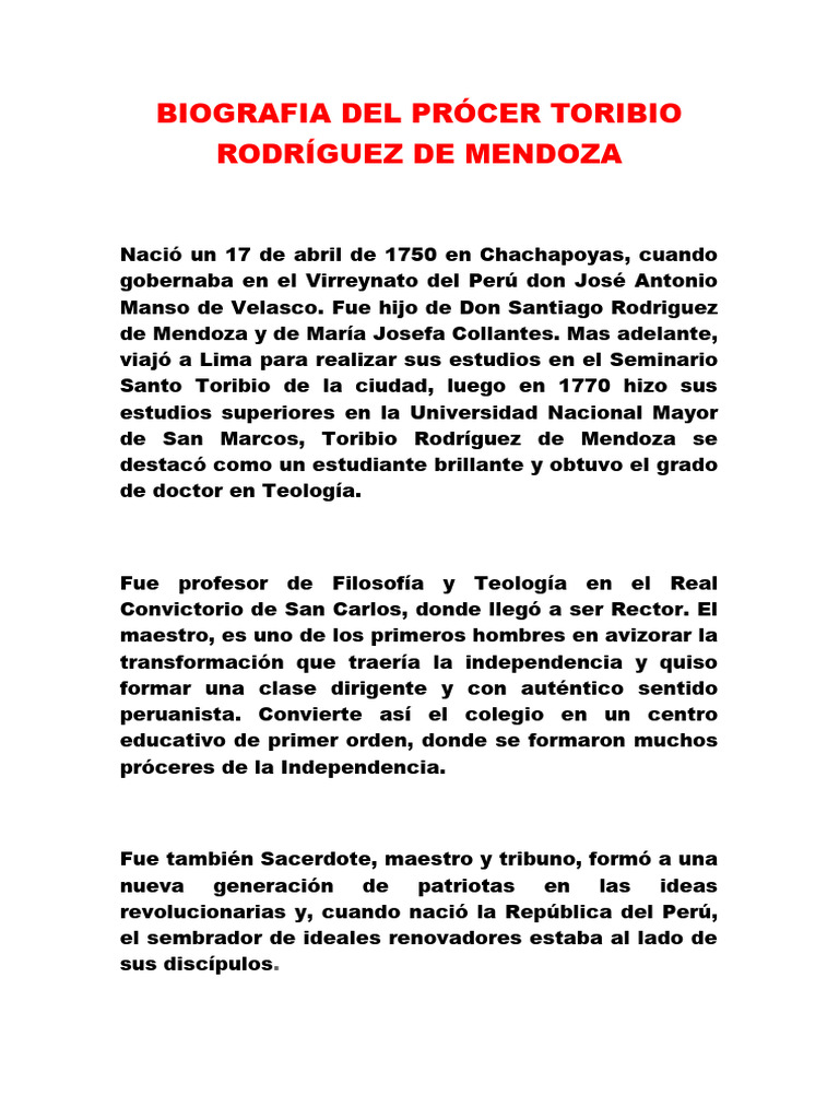 Biografia Del Prócer Toribio Rodríguez de Mendoza | PDF | América del ...