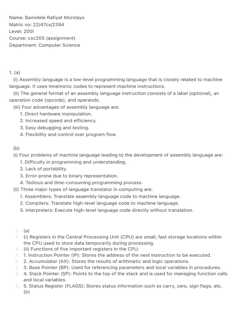 CSC Ass | PDF | Assembly Language | Central Processing Unit