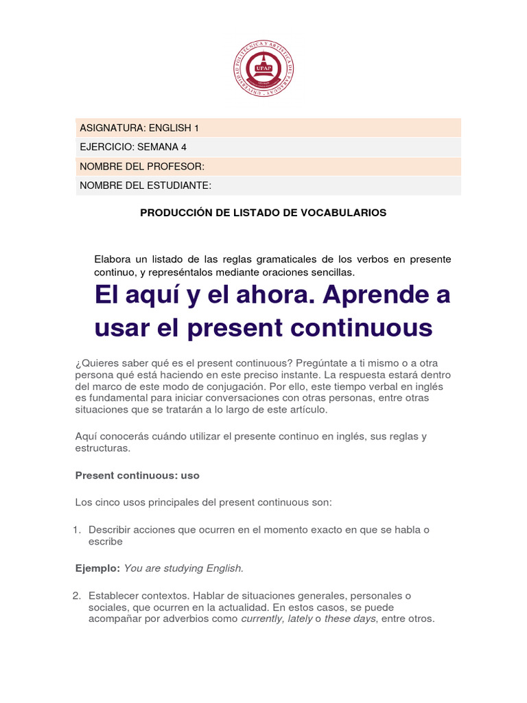 Guía del Present Continuous | PDF | Verbo | Conjugación gramatical