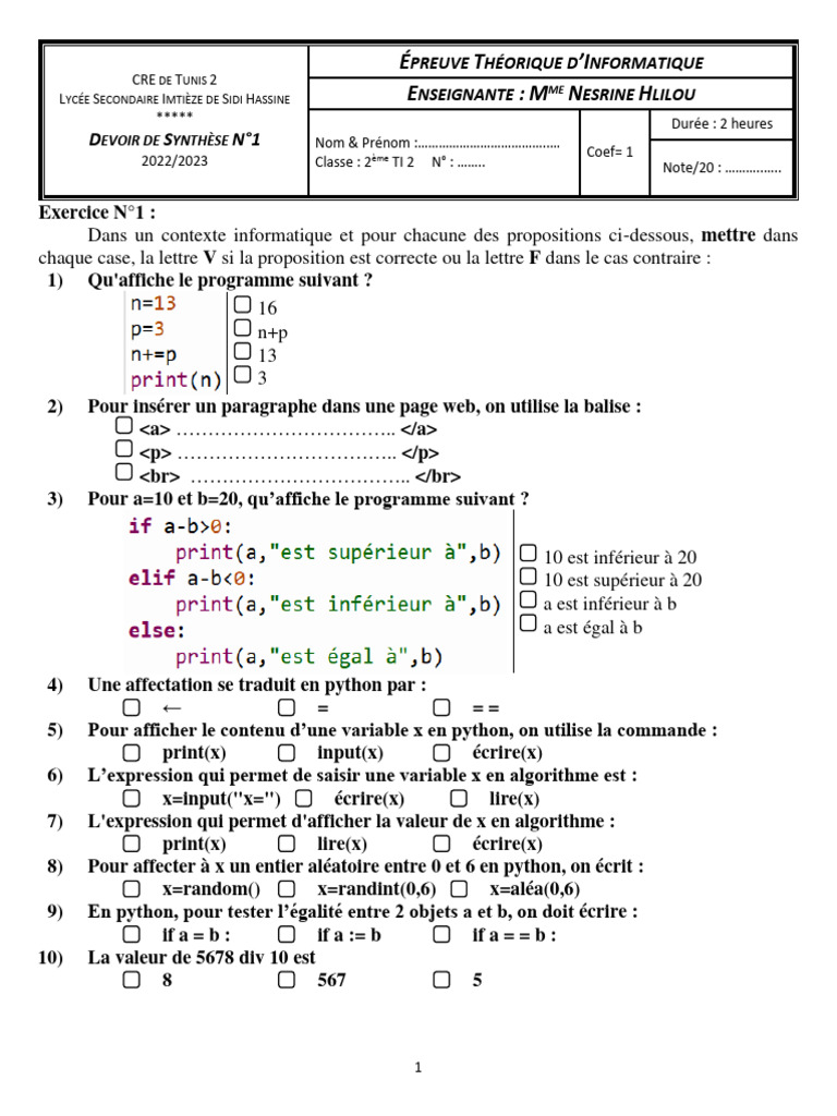 Devoir d'informatique 2ème TI 2022/2023 | PDF | Python (Langage de ...