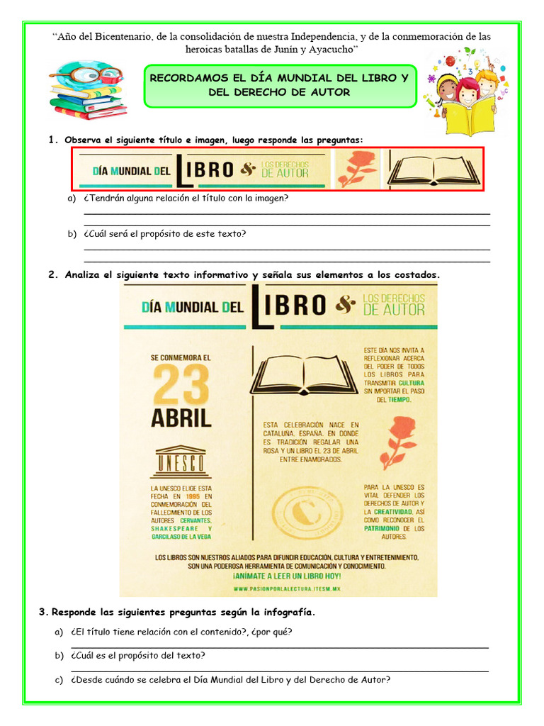 FICHA-LUN-FECHA CÍVICA-RECORDAMOS EL DÍA MUNDIAL DEL LIBRO Y DEL ...
