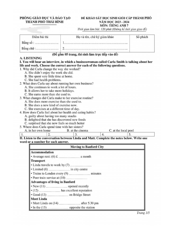 Đề Hsg e7 Tp Thái BÌnh 2023-2024 | PDF
