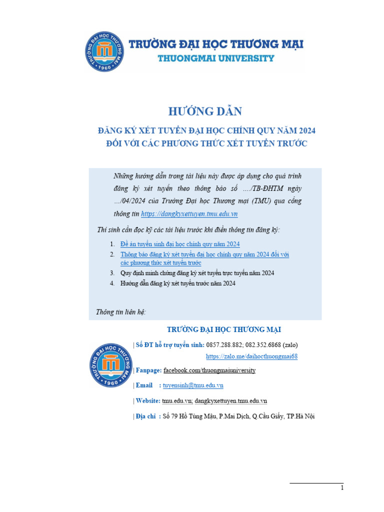Huong Dan Dang Ky Xet Tuyen Truoc Nam 2024 | PDF
