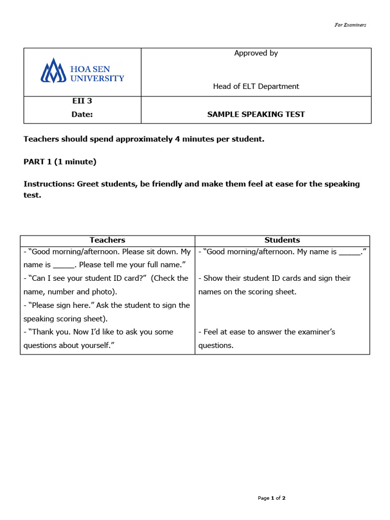 Speaking Test Guide for Teachers | PDF | Behavior Modification | Cognition