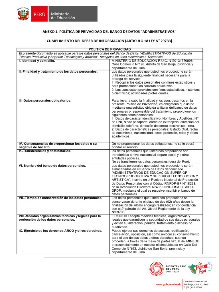 Anexos de Politica de Privacidad | PDF | Documento de identidad | Política de privacidad