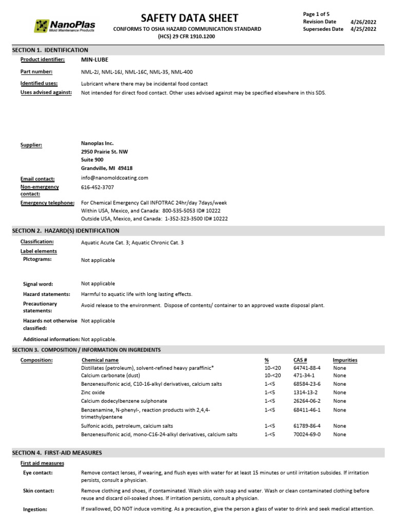 Min-Lube SDS 28apr2022 | PDF | Dangerous Goods | Calcium