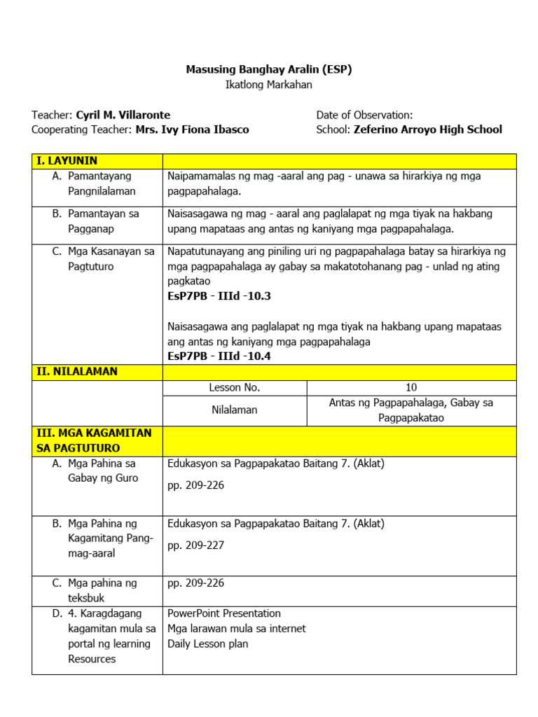 ESP 7 - Antas NG Pagpapahalaga - T1 | PDF