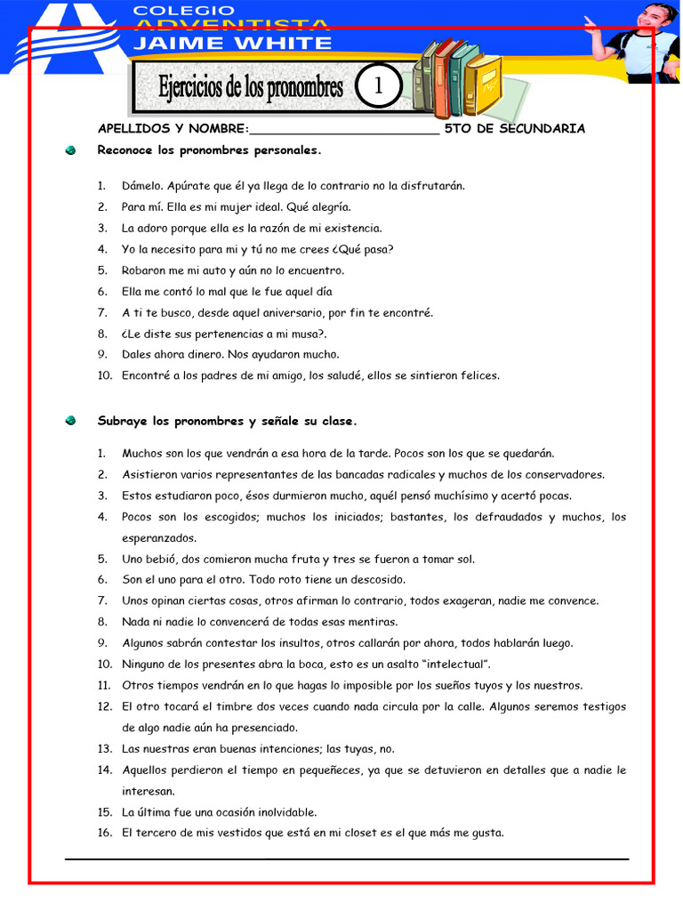 Ejercicios de Pronombres Personales | PDF