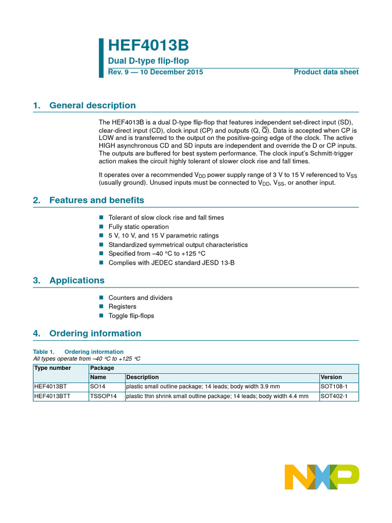 HEF4013B Dual D-Type Flip-Flop Data Sheet | PDF | Digital Electronics ...