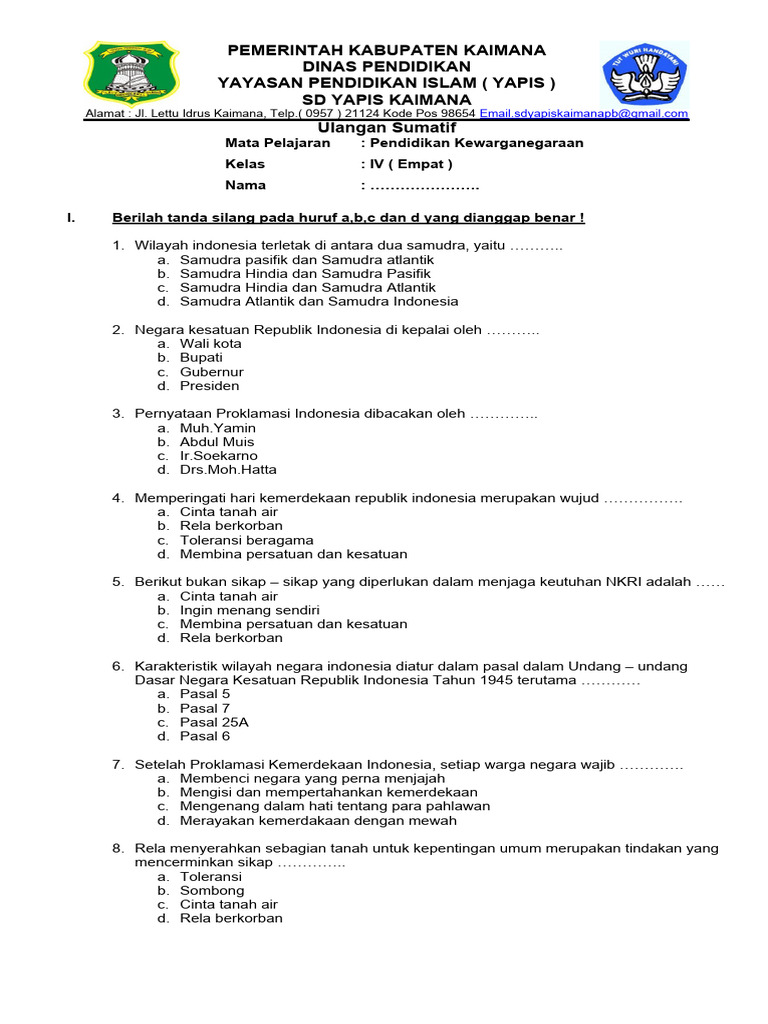 Soal PKN SD Yapis Kls 4 | PDF