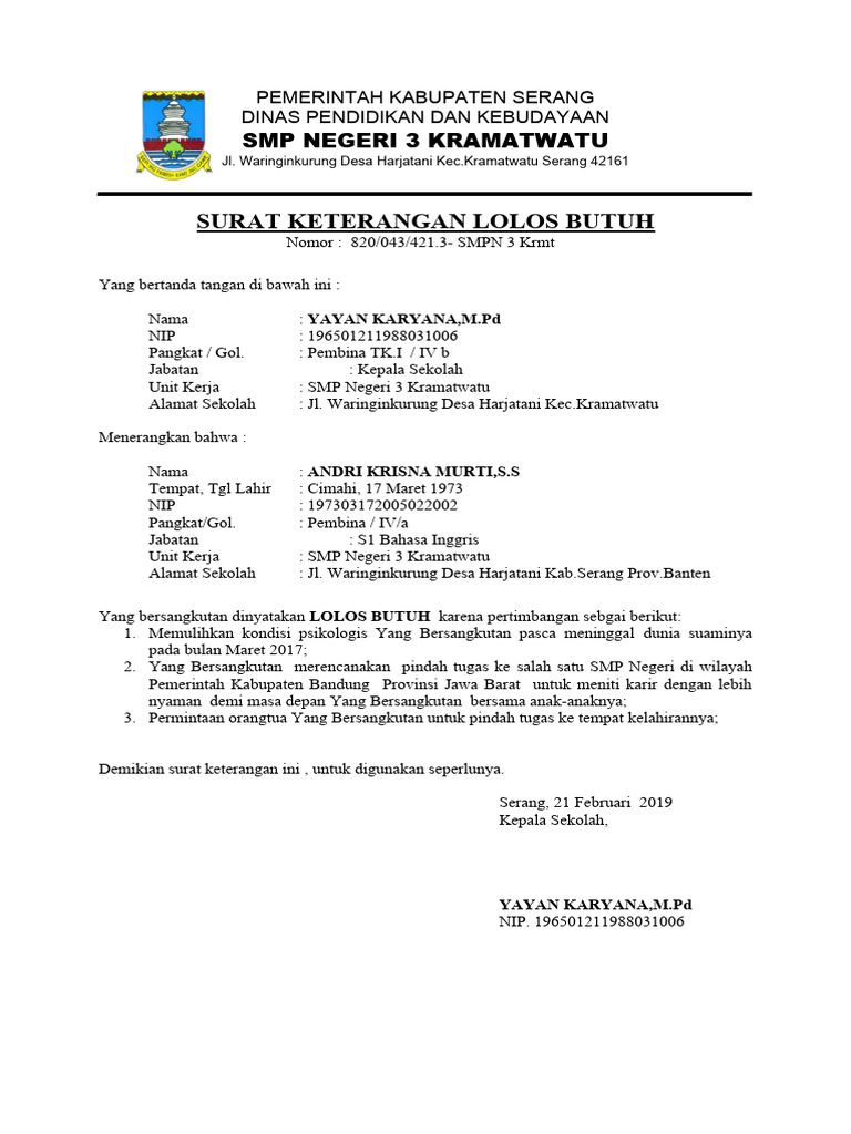 Contoh Surat Lolos Butuh | PDF