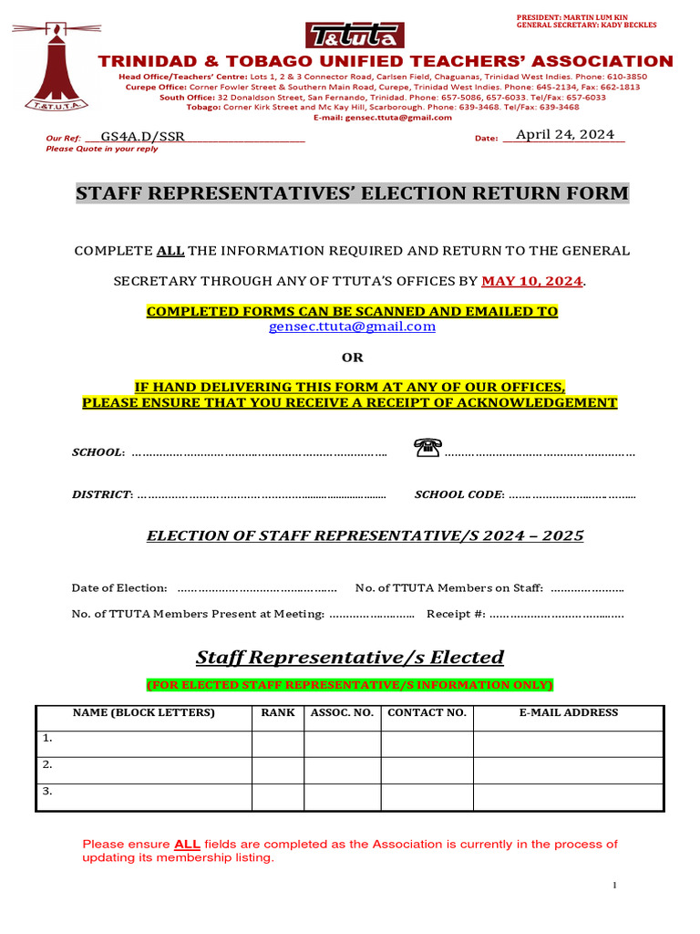 GS4ADSSR2 - Staff Rep. Election Return Form 2024 | PDF