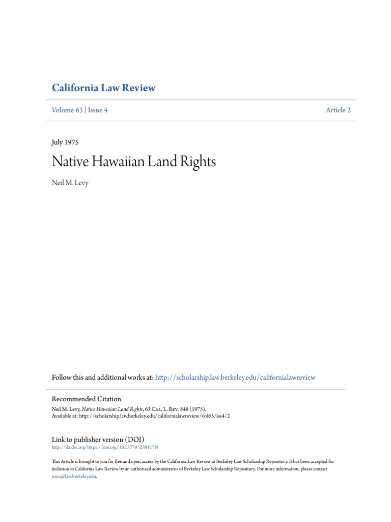 Levy (1975) Native Hawaiian Land Rights - Article | PDF | Hawaii