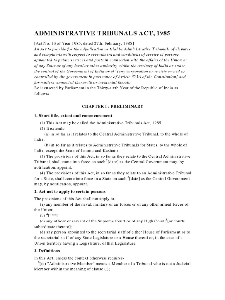 Administrative Tribunals Act, 1985_Advocates Act, 1961 | PDF
