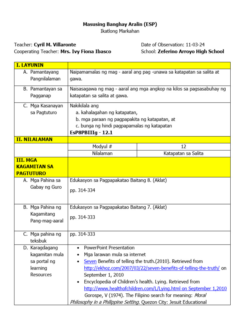 ESP 8 - Katapatan Sa Salita at Gawa - T2 | PDF