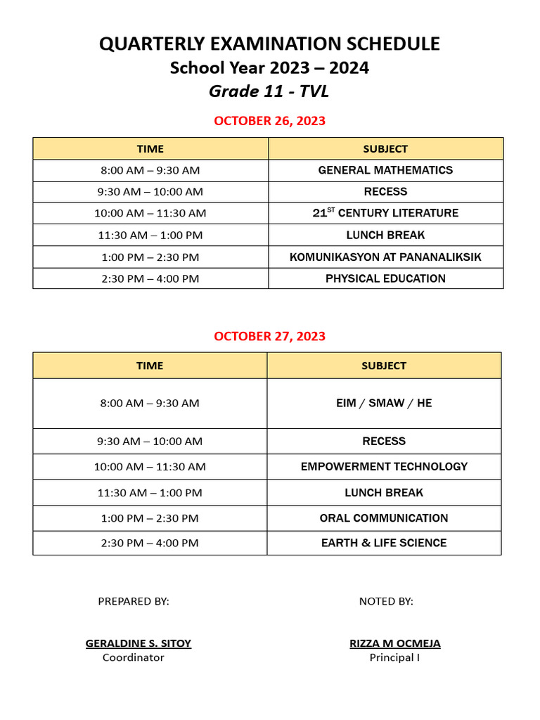 Quarterly Examination Schedule | PDF | Human Life Stages | Science