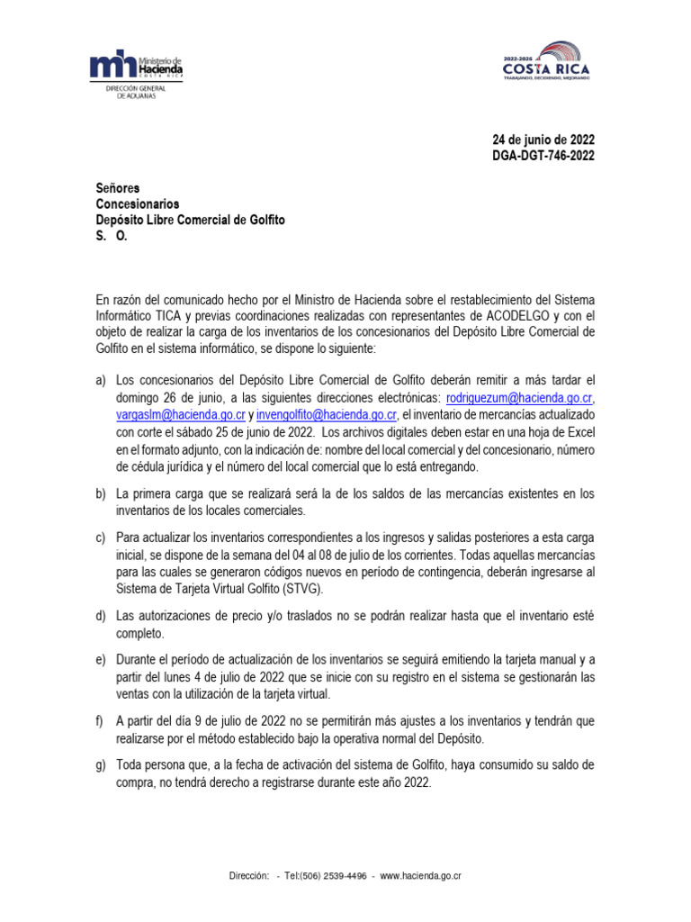 Oficio Comunicación Restablecimiento Sistema de Golfito VF | PDF | Concesionario de coches