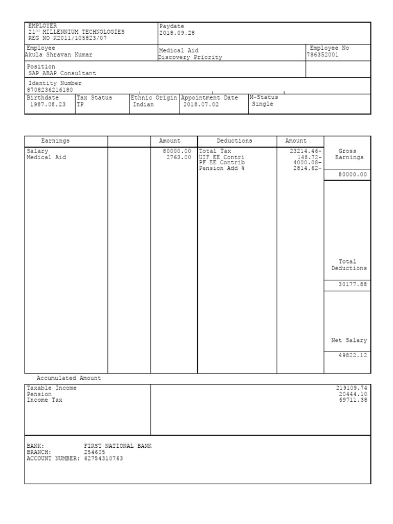 Shravan Payslip Sept2018 Millinium FNB | PDF
